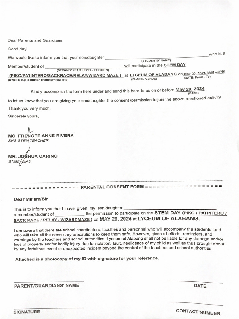 Stem - Day Parent Consent Form | PDF