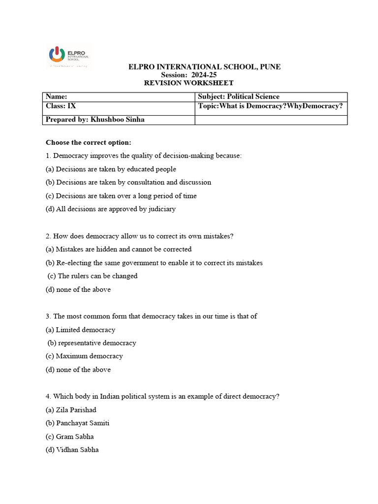 Political Science Worksheet on Democracy | PDF | Democracy | Political ...