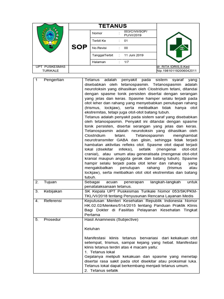 Penatalaksanaan Tetanus: SOP Puskesmas | PDF