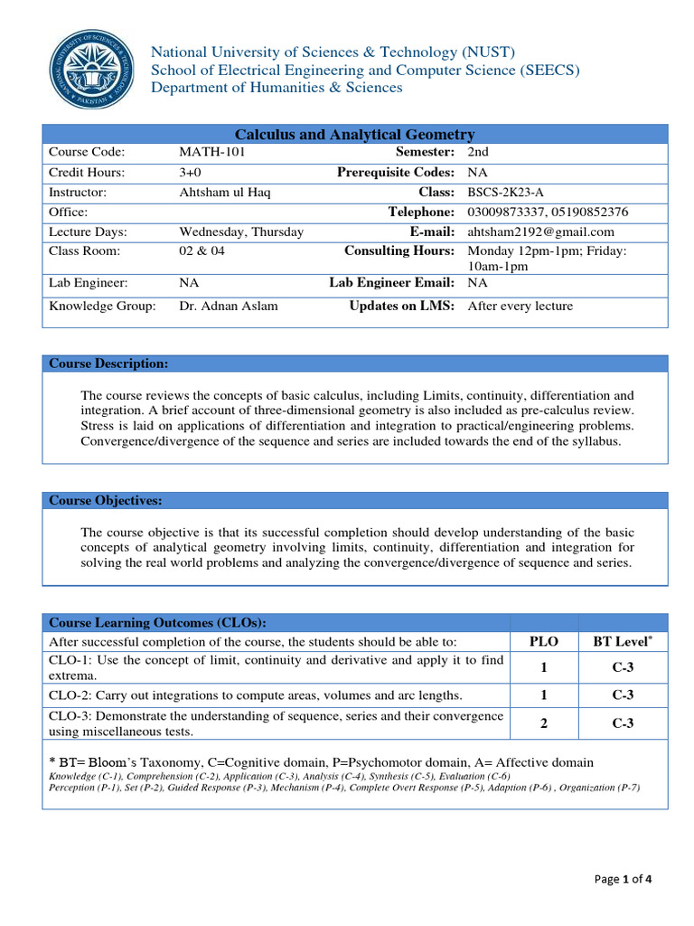 Course Outline-Calculus & Analytical Geometry (MATH-101) | PDF ...