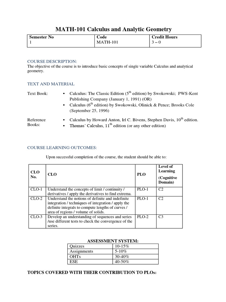 MATH-101 Calculus and Analytic Geometr | PDF | Integral | Derivative