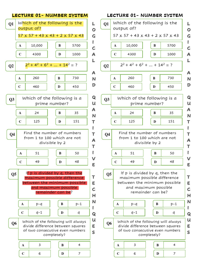 Number System Lecture Questions | PDF
