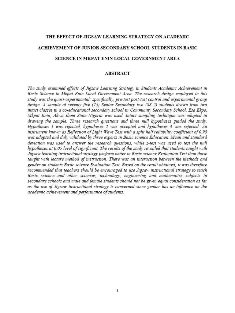 The Effect of Jigsaw Learning Strategy On Academic Achievement of Junior Secondary School ...