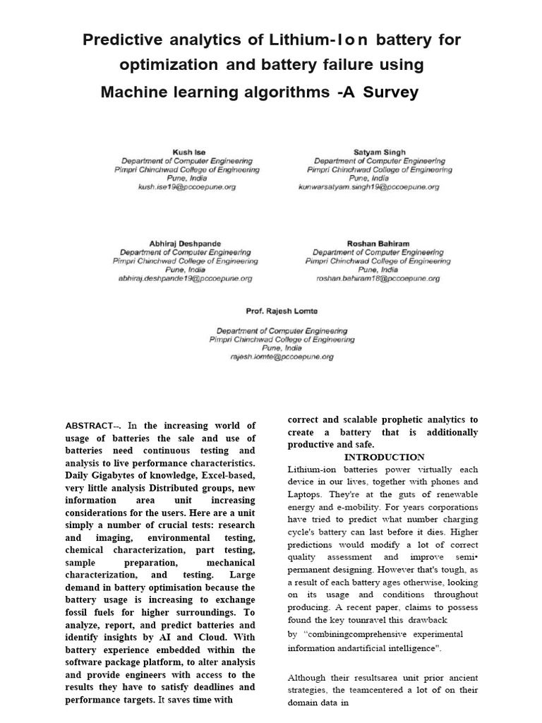 Predictive Analytics of Lithium Ion Battery For Optimization and ...