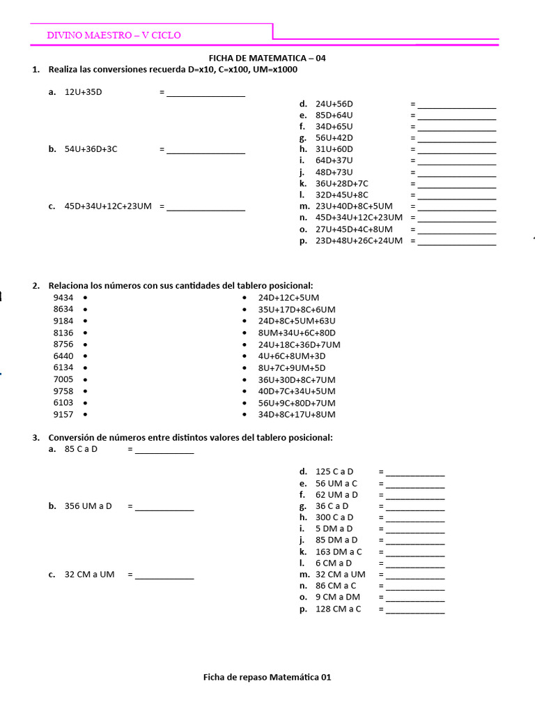 FICHA DE MATEMATICA Numeros | PDF