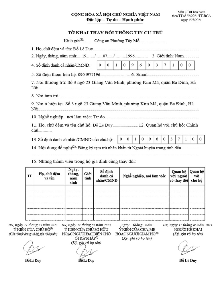 CT01 T Khai Thay Đ I Thông Tin Cư Trú | PDF