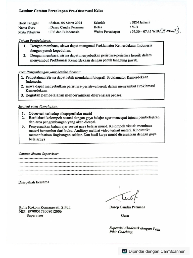Lembar Catatan Percakapan Observasi Kelas (Supervisi) | PDF