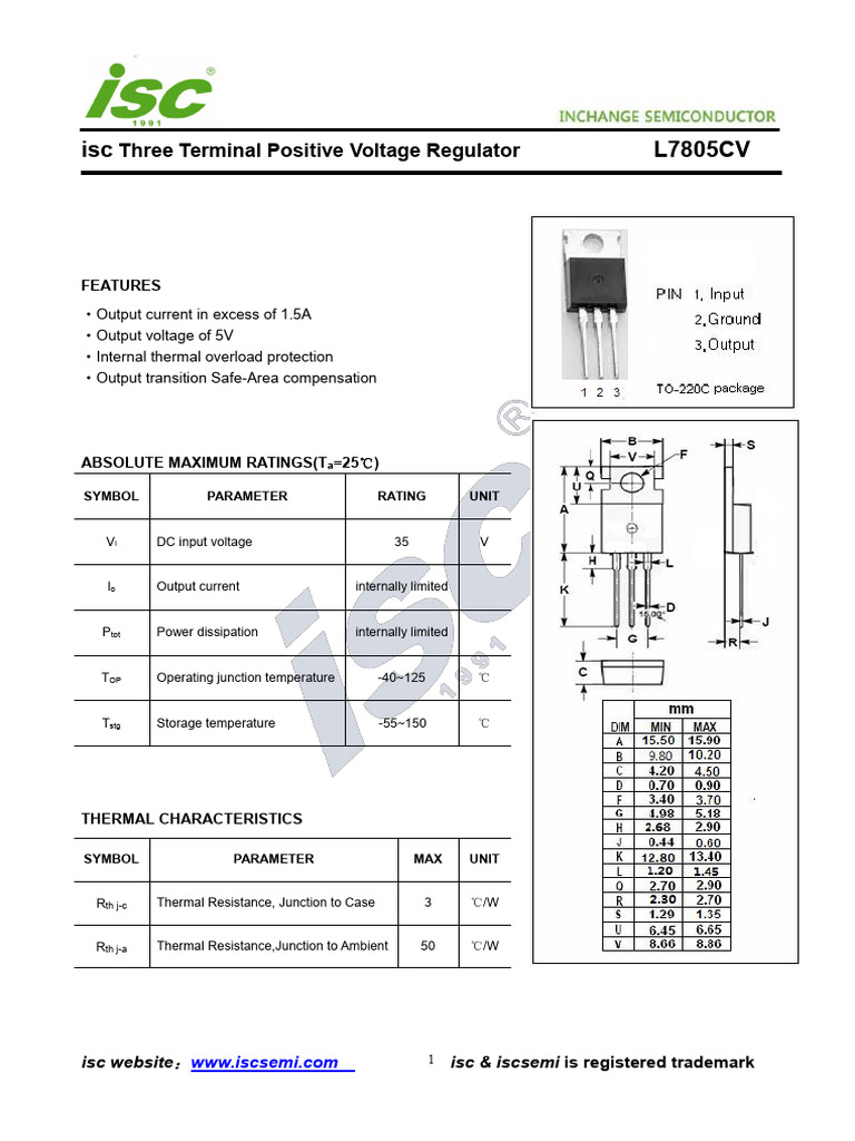 L7805CV Voltage Regulator Specs | PDF | Physical Quantities | Electronics