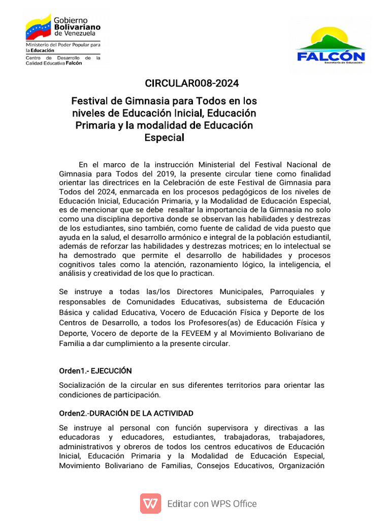 Circular 008 Gimnasia para Todos 2024 Modificado2 | PDF | Gimnasia | Educación de la primera ...