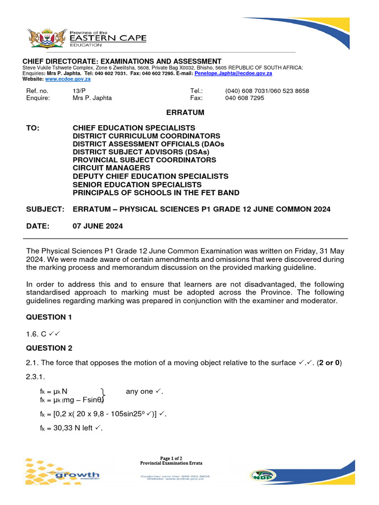 Physical Sciences P1 - Erratum - June Common 2024 | PDF | Force | Frequency