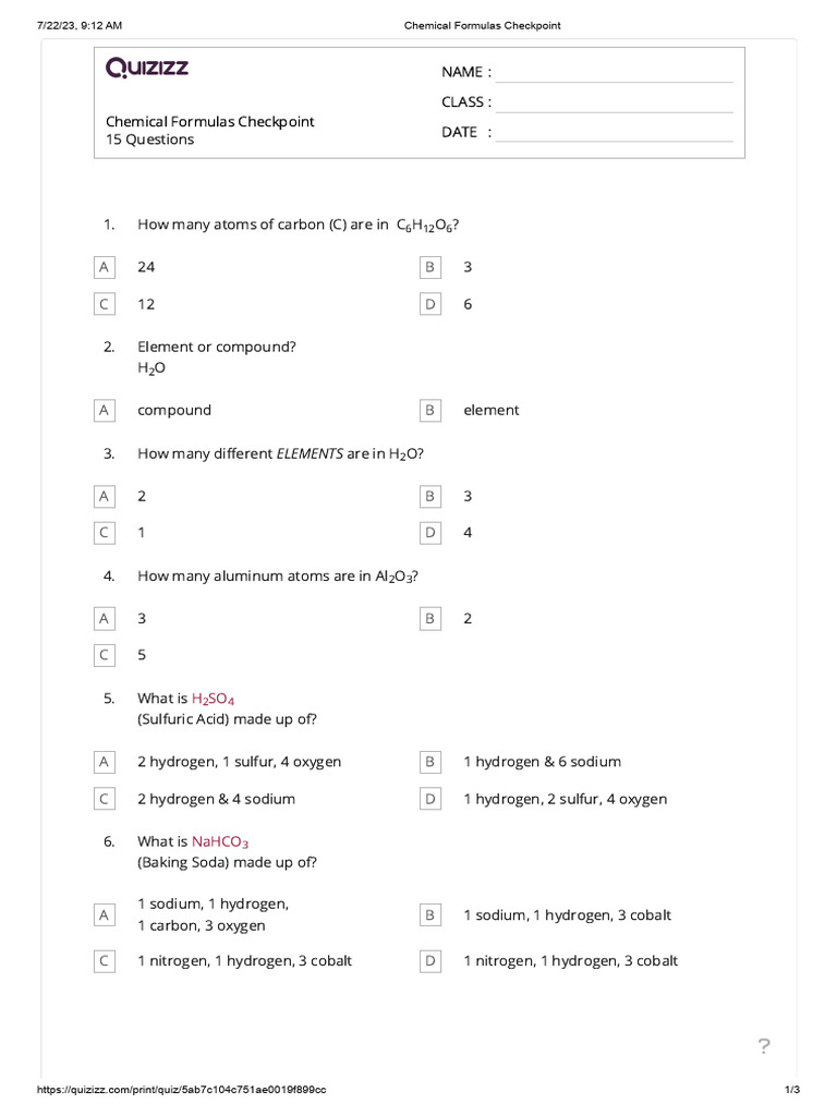 Chemical Formula Questions-1 | PDF | Hydrogen | Molecules