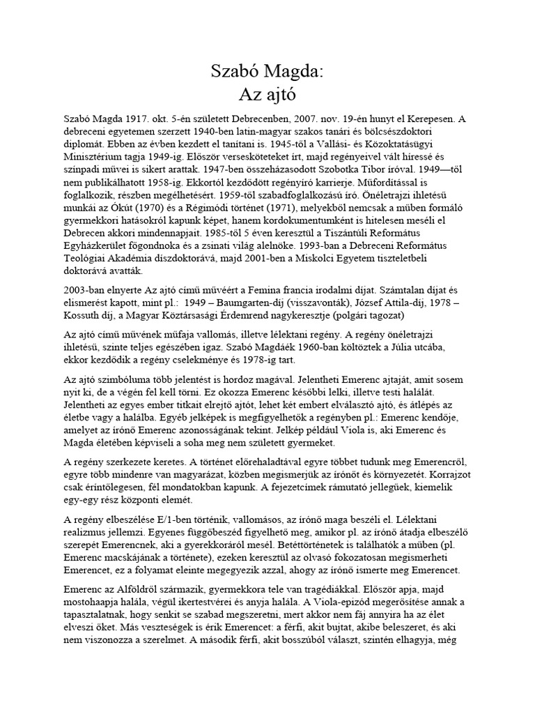 Szabó Magda Az Ajtó | PDF
