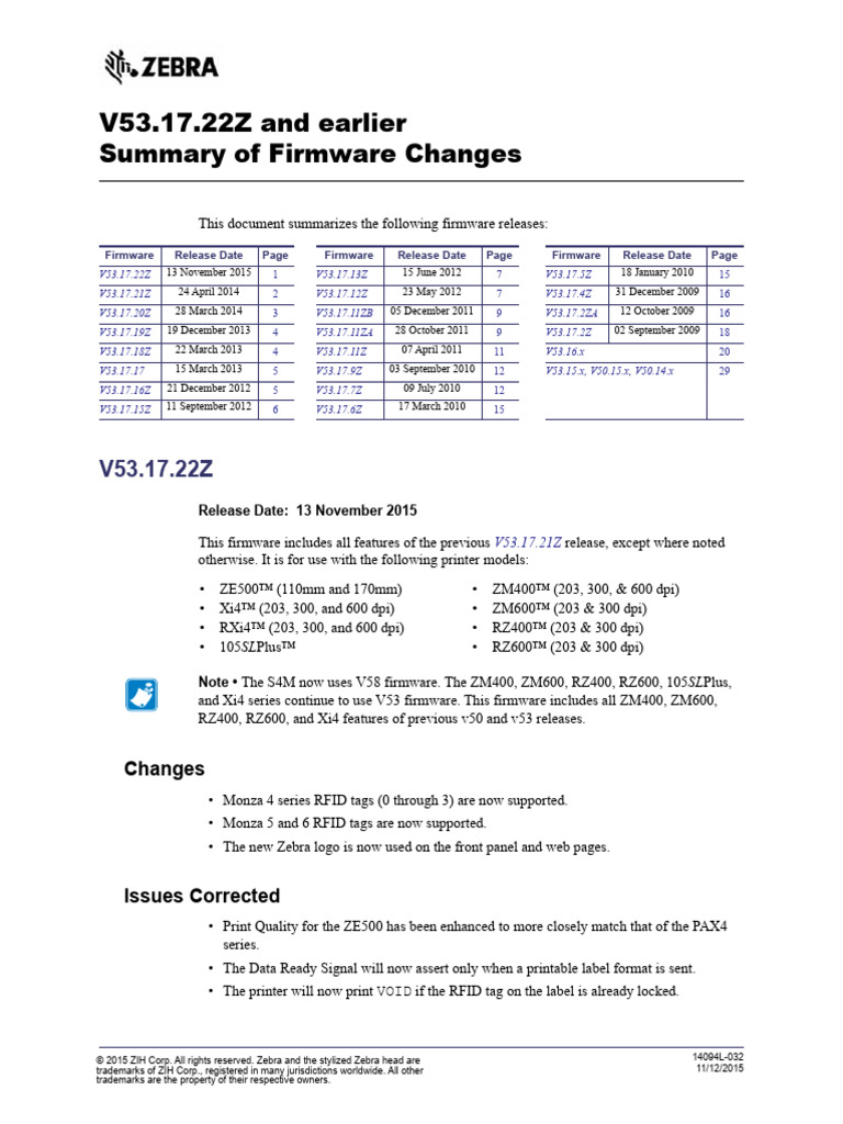 V53.17.22Z and Earlier Summary of Firmware Changes | PDF | Printer ...