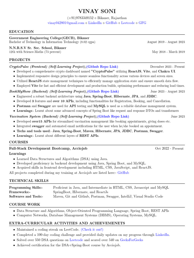 Vinay's Full-Stack Resume | PDF | Computer Programming | My Sql