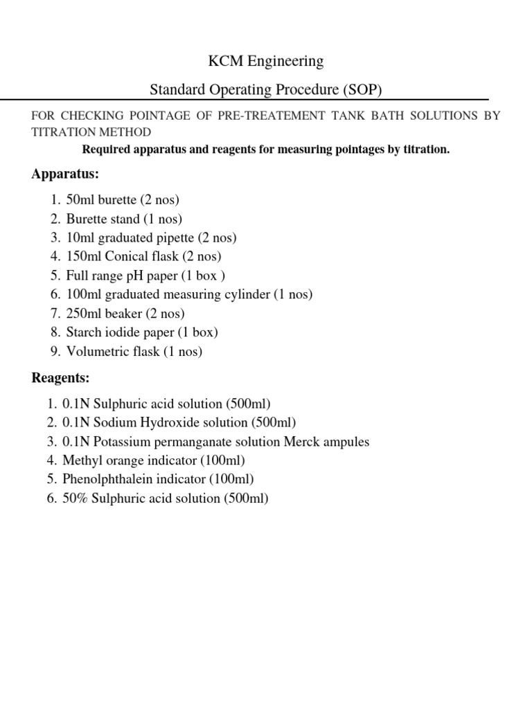 KCM Engineering Titration SOP | PDF | Titration | Chemistry