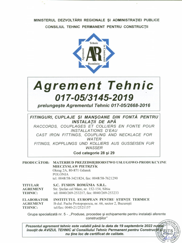 Agrement Fitinguri Fonta MATERBUD | PDF