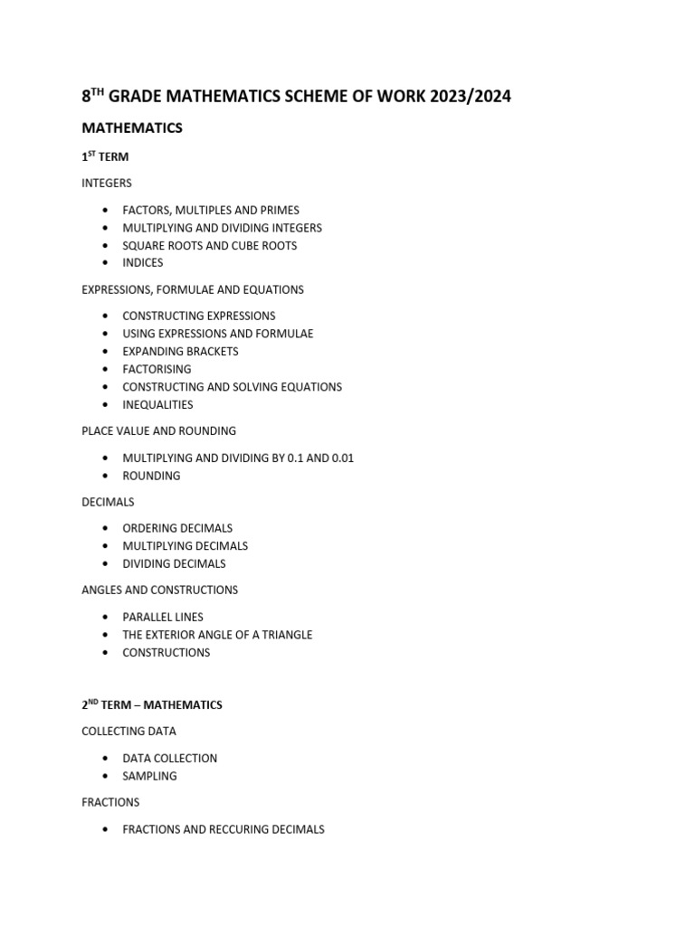 8th Grade Math Curriculum 2023/2024 | PDF | Multiplication | Area