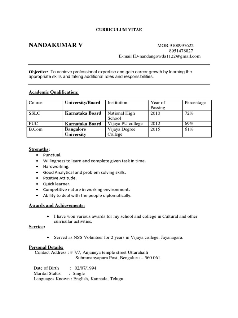 Resume Nandakumar V | Download Free PDF | Bangalore | Behavior Modification