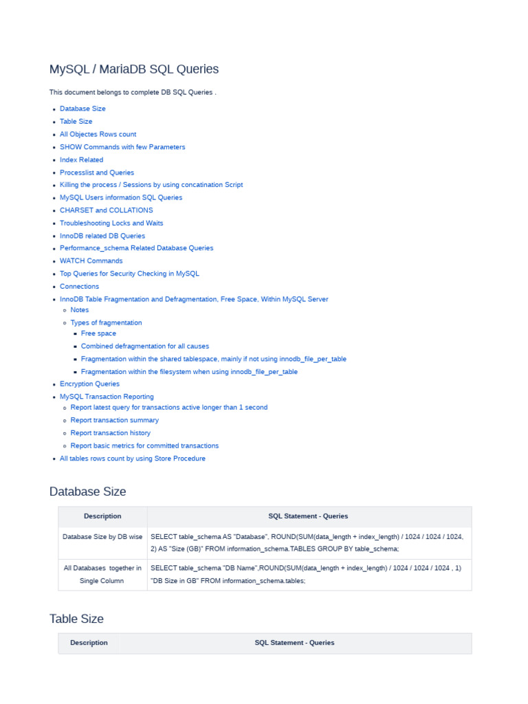 MySQL and MariaDB Chatsheet For DBA Queries-3 | PDF | Databases | Database Transaction