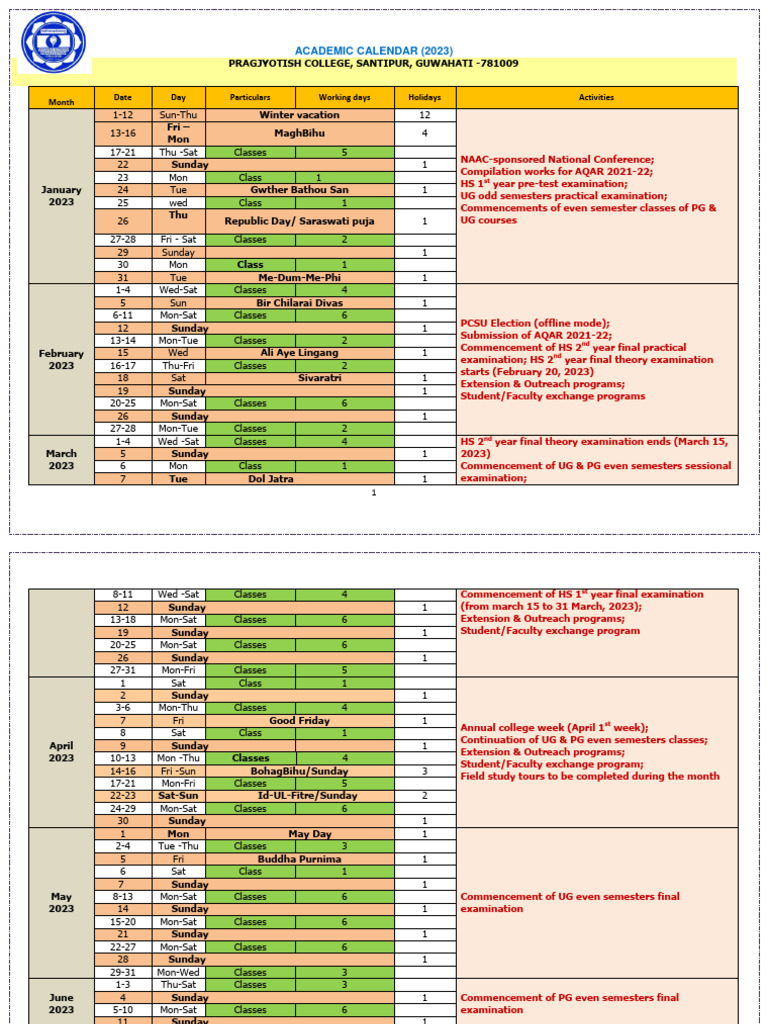 2023 Academic Calendar for Pragjyotish College | PDF | Academic Term