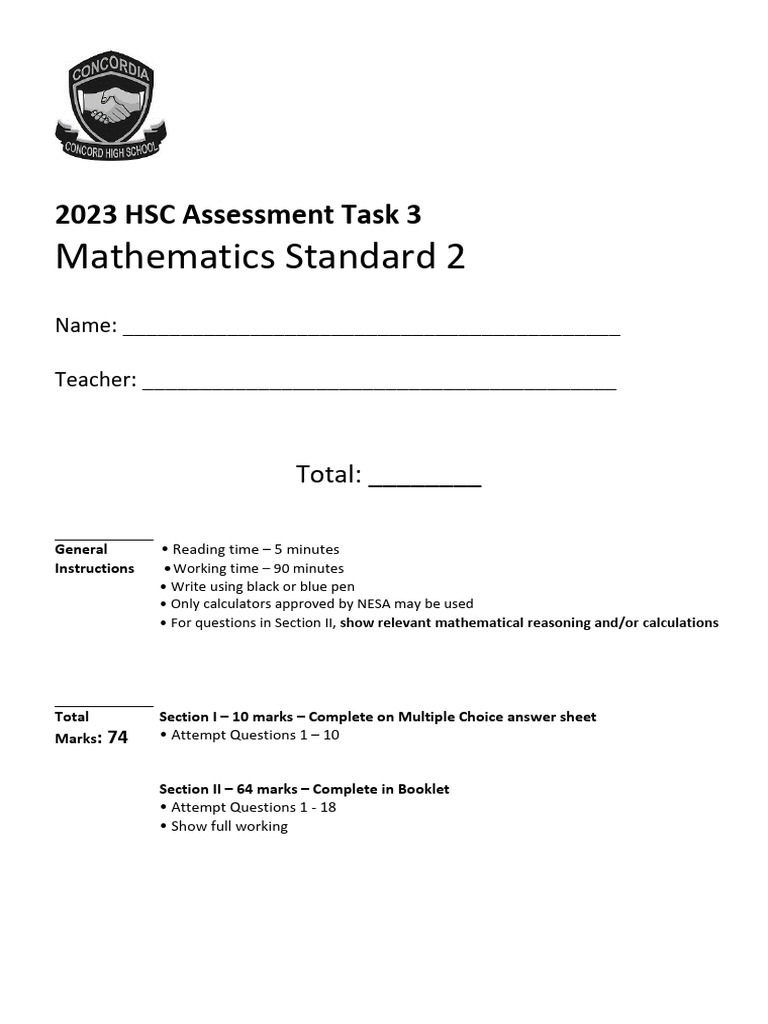 2023 HSC Mathematics Standard 2 Exam | PDF | Body Mass Index | Standard ...