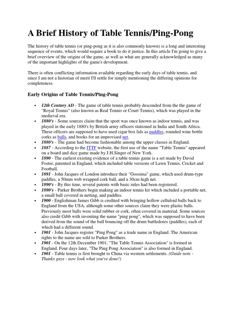 A Brief History of Table Tennis | PDF | Table Tennis | Games Of ...