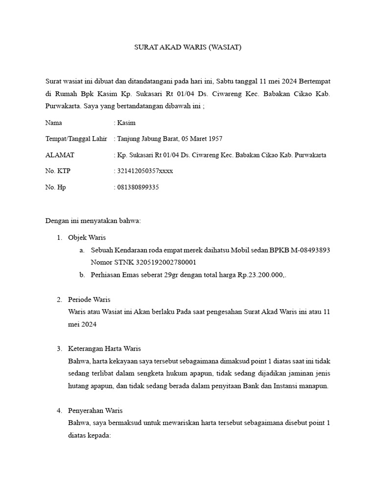 Surat Akad Waris - Awis Rahayu - 21461090 | PDF