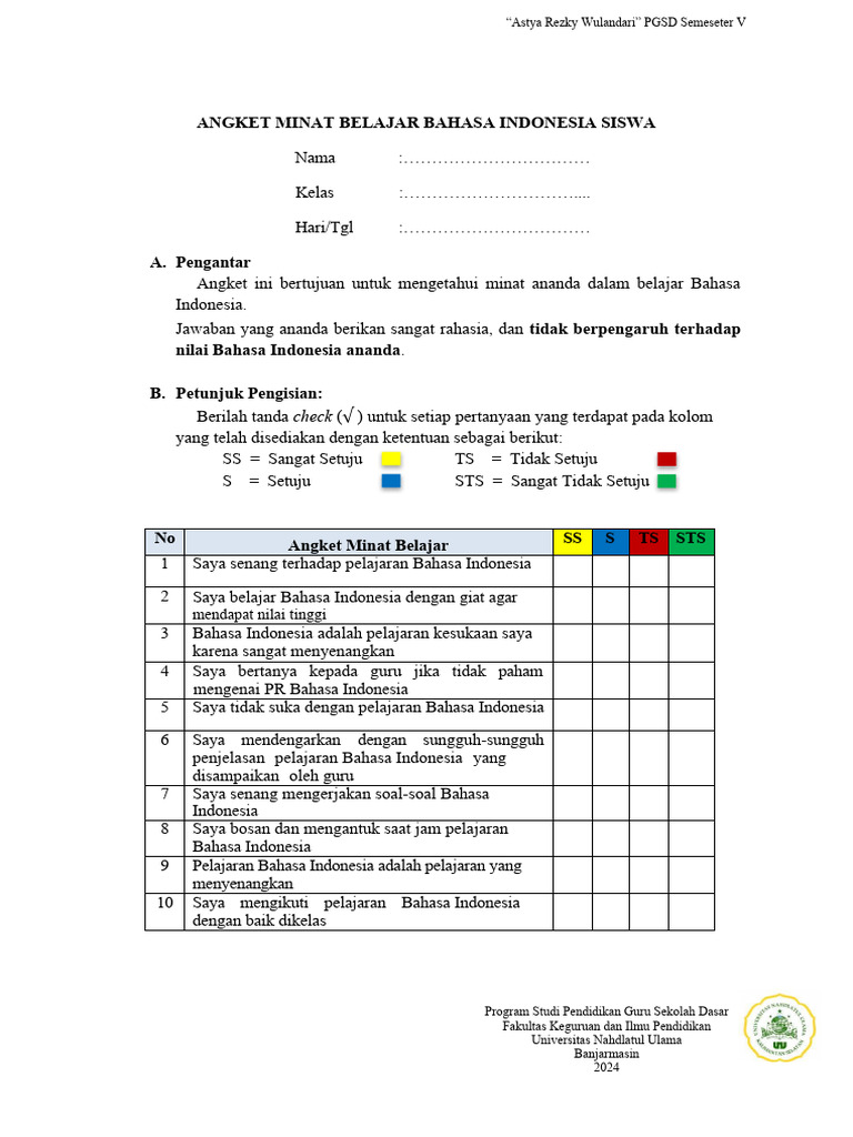 Contoh Angket Minat Belajar | PDF