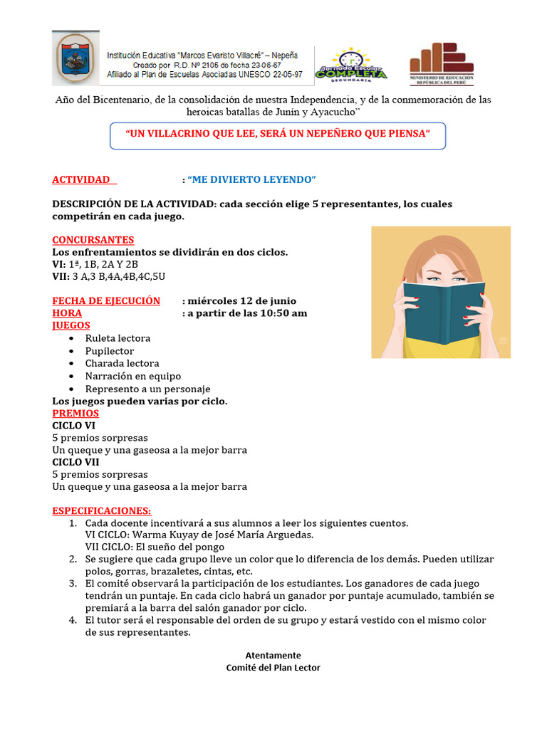 Actividad Del Plan Lector Secujndaria-2 | PDF