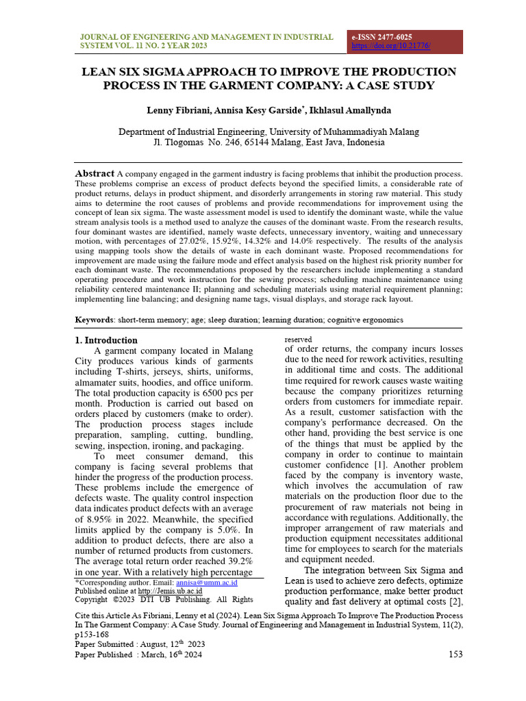 Lean Six Sigma Approach To Improve The Production Process in The Garment Company A Case Study ...
