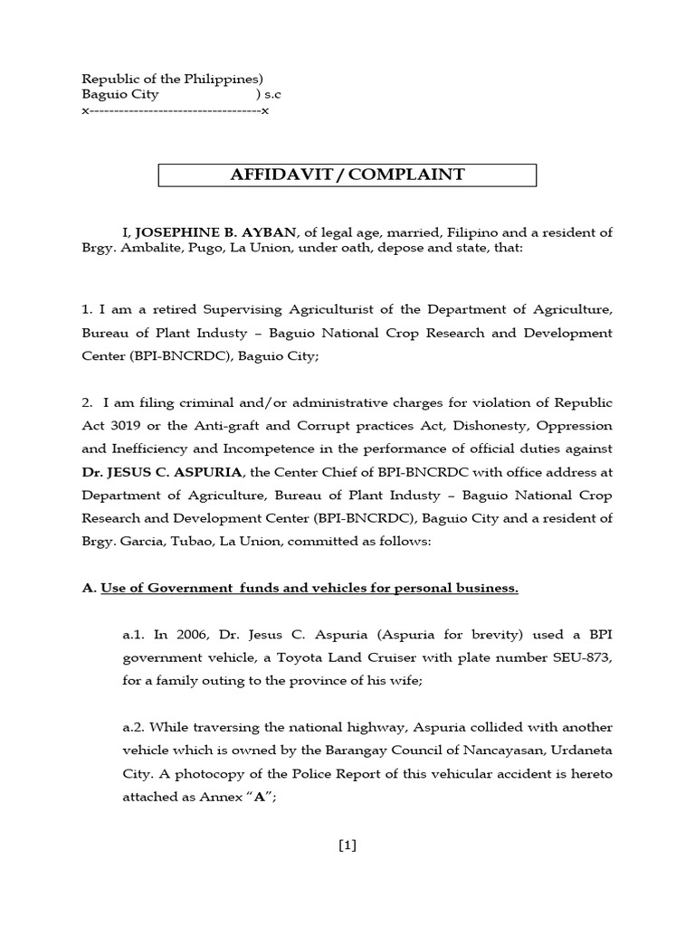 Affidavit Complaint Ombudsman - BPI | PDF | Affidavit