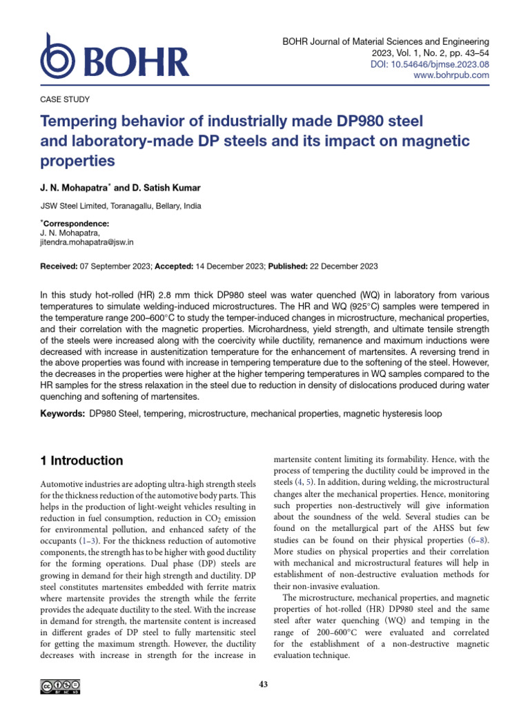 Tempering Behavior of Industrially Made DP980 Steel and Laboratory-Made ...