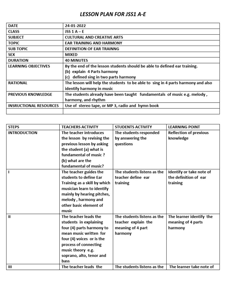 JSS1 Lesson Plan: Ear Training & Harmony | PDF | Harmony | Music Theory