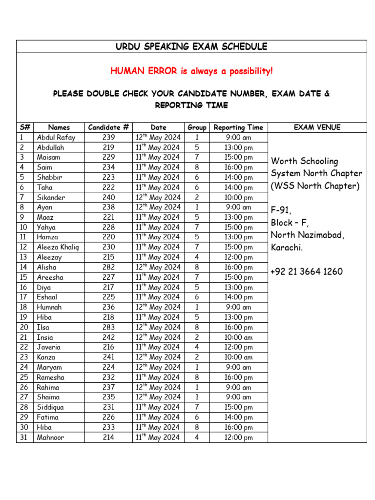 Urdu Speaking Exam Schedule | PDF