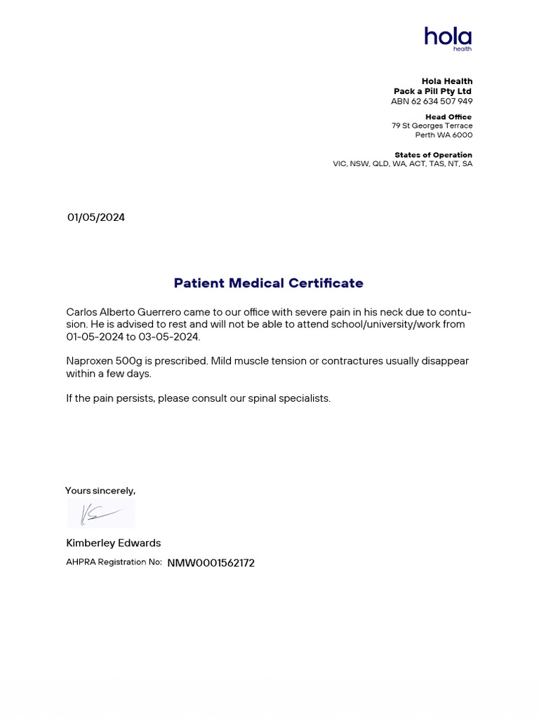 Hola Health Patient Medical Certificate | PDF | Wellness