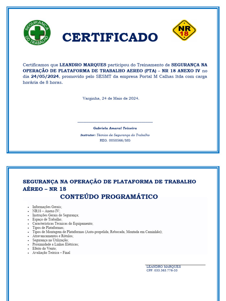 Certificado - NR 18 - Pta | PDF | Tecnologia e Engenharia