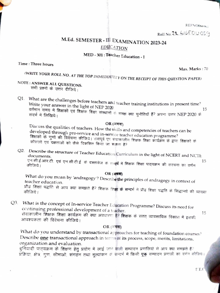 M. ED. 3rd Semester (2022-23, 2023-24) | PDF | Teacher Education