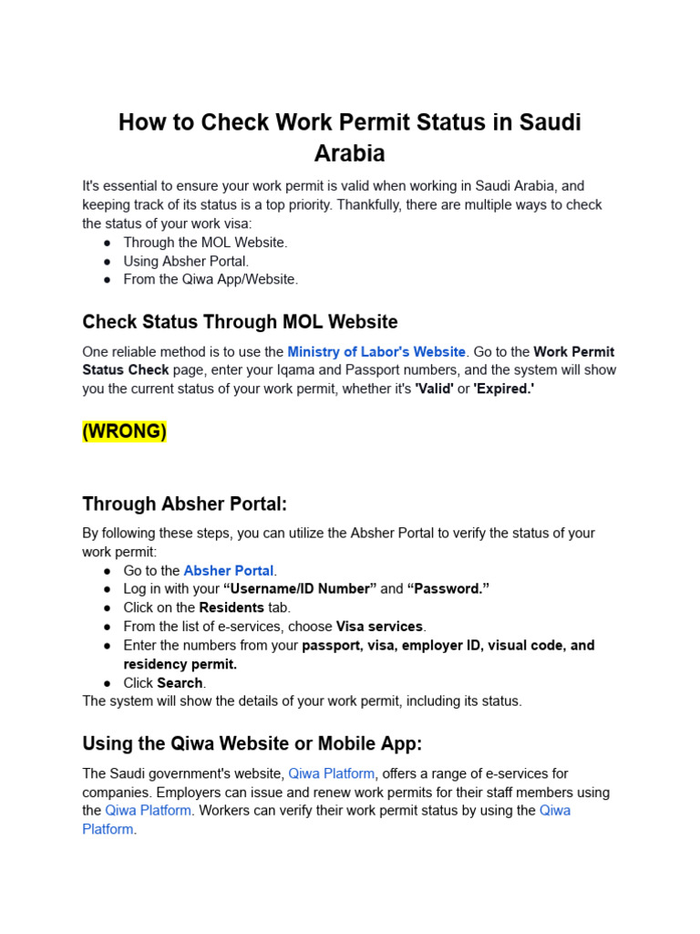 Check Saudi Work Permit Status Online | PDF | Travel Visa