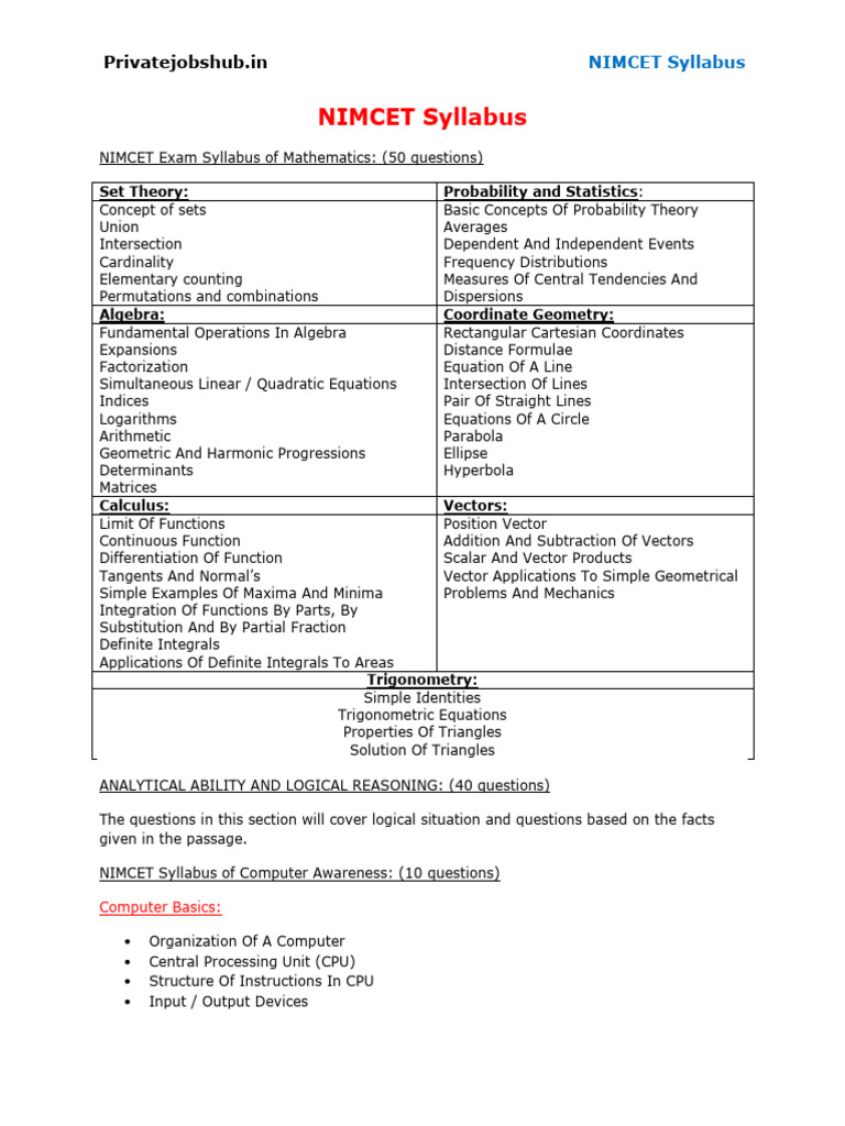 NIMCET Syllabus | PDF | Equations | Vector Space
