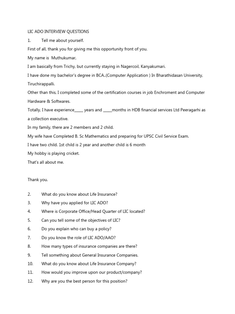 LIC ADO Interview Preparation Guide | PDF | Insurance | Life Insurance