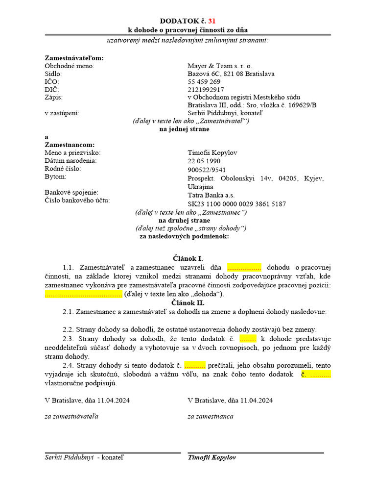 VZOR Dodatok K Dohode o Pracovnej Činnosti | PDF