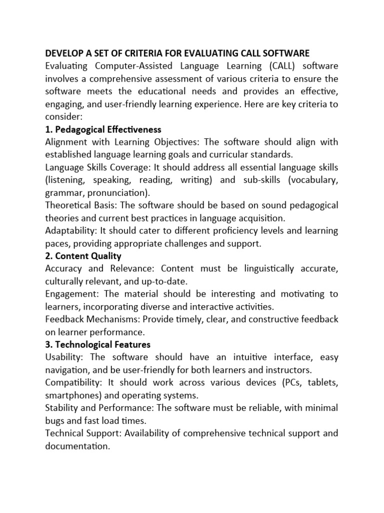 CALL Develop A Set of Criteria For Evaluating CALL Software | PDF | Learning | Usability
