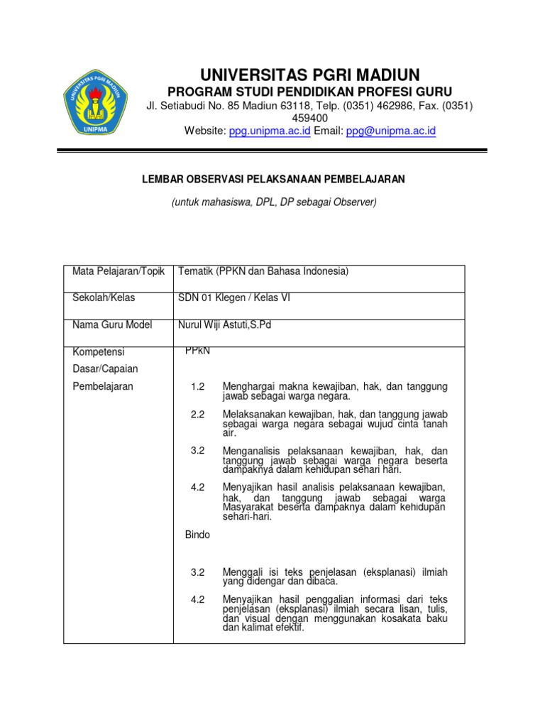 PPA - Topik 3 - 01.05.6-B3-4 Unggah LK 4 - Lembar Observasi Pembelajaran Pada Pembelajaran Ke-1 ...