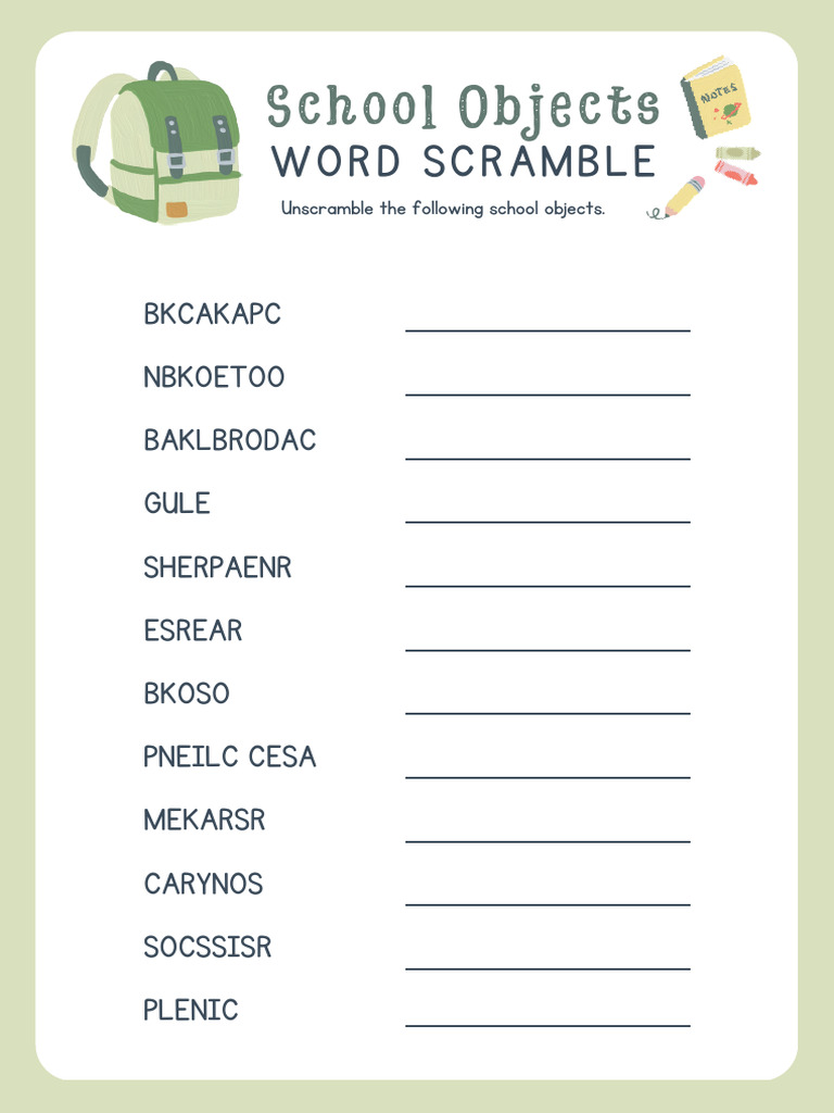 Green School Objects Word Scramble Worksheet | PDF