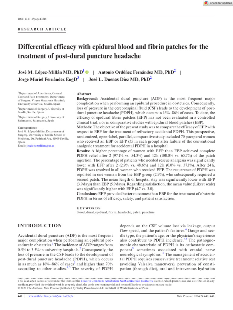Pain Practice - 2023 - A1n - Differential Efficacy With Epidural Blood and Fibrin Patches For ...