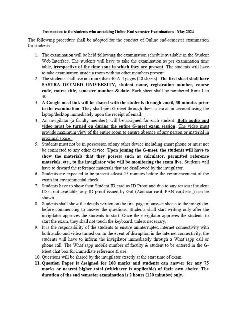 Instructions For Online End Sem Exams - May 2024 | PDF | Computing