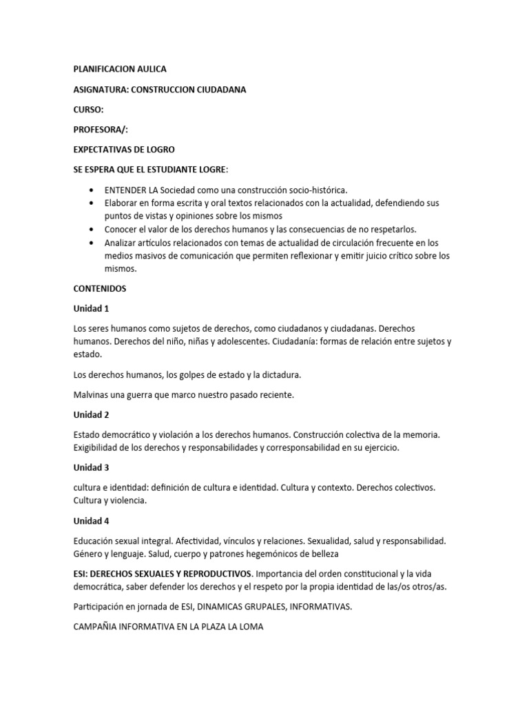 Planificacion Aulica Construccion | PDF | Evaluación | Derechos humanos