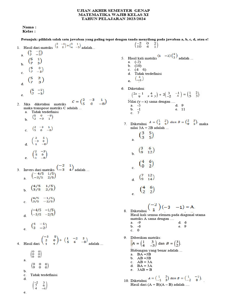 Soal PAS Genap MTK Wajib Kls 11 | PDF | Metode & Bahan Ajar