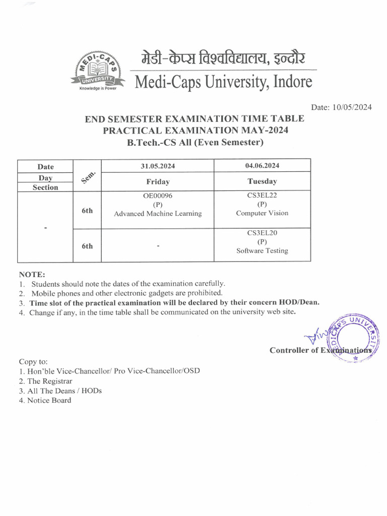B.tech. CS All Practical Time Table May 2024 Even Semester | PDF