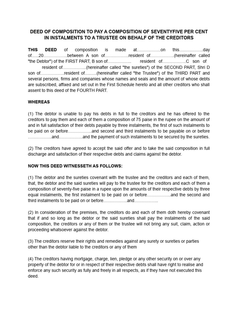 Deed of Composition To Pay A Composition of Seventyfive Per Cent in ...